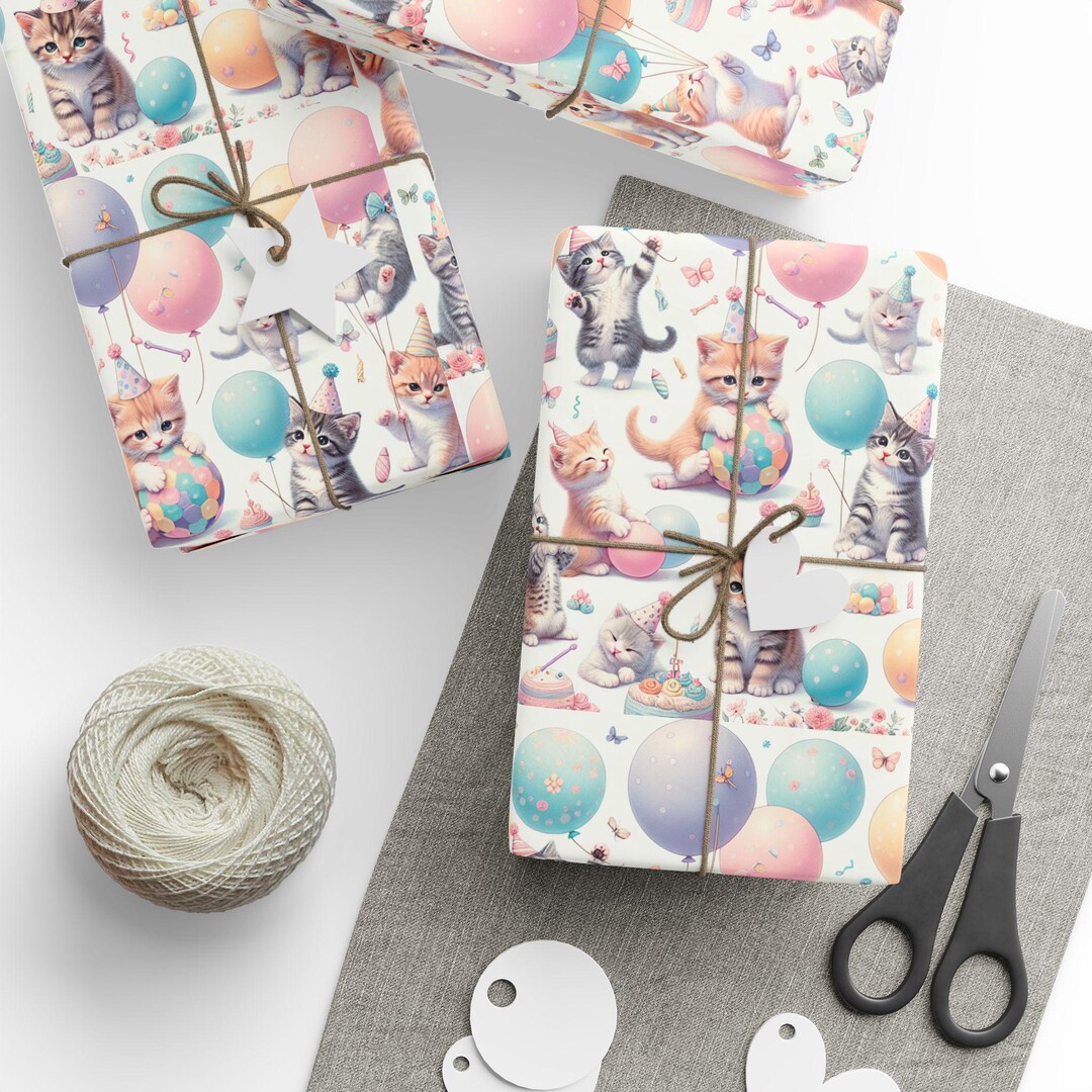 Kitten Birthday Wrapping Paper, Cute Cat Gift Wrap, Present Packaging ...