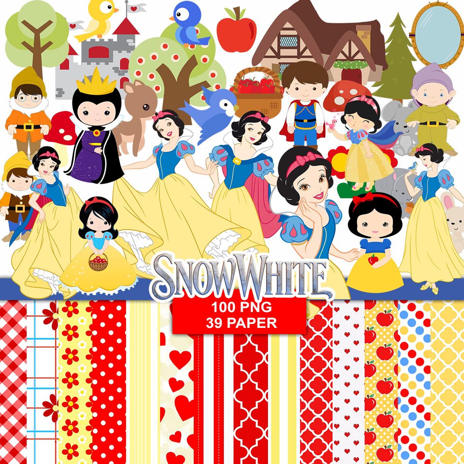 Snow White Clipart Pack Png, Snow White Bundle Pack Seamless Pattern ...