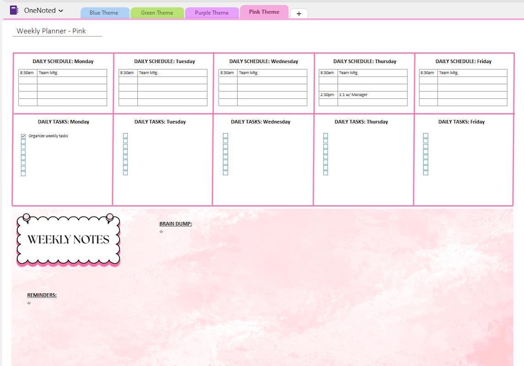 Onenote Weekly Planner & 1:1 Meeting Template Bundle (pink) - Etsy