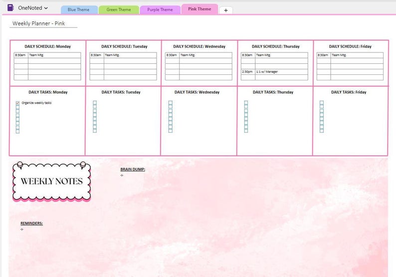 Onenote Weekly Planner & 1:1 Meeting Template Bundle (pink) - Etsy