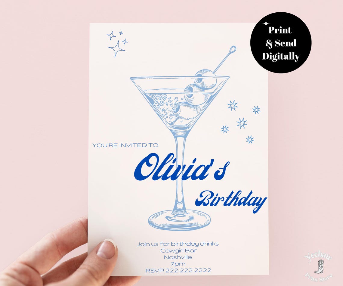 Retro Blue Cocktail Birthday Invitation | 30th 40th 21st Printable ...