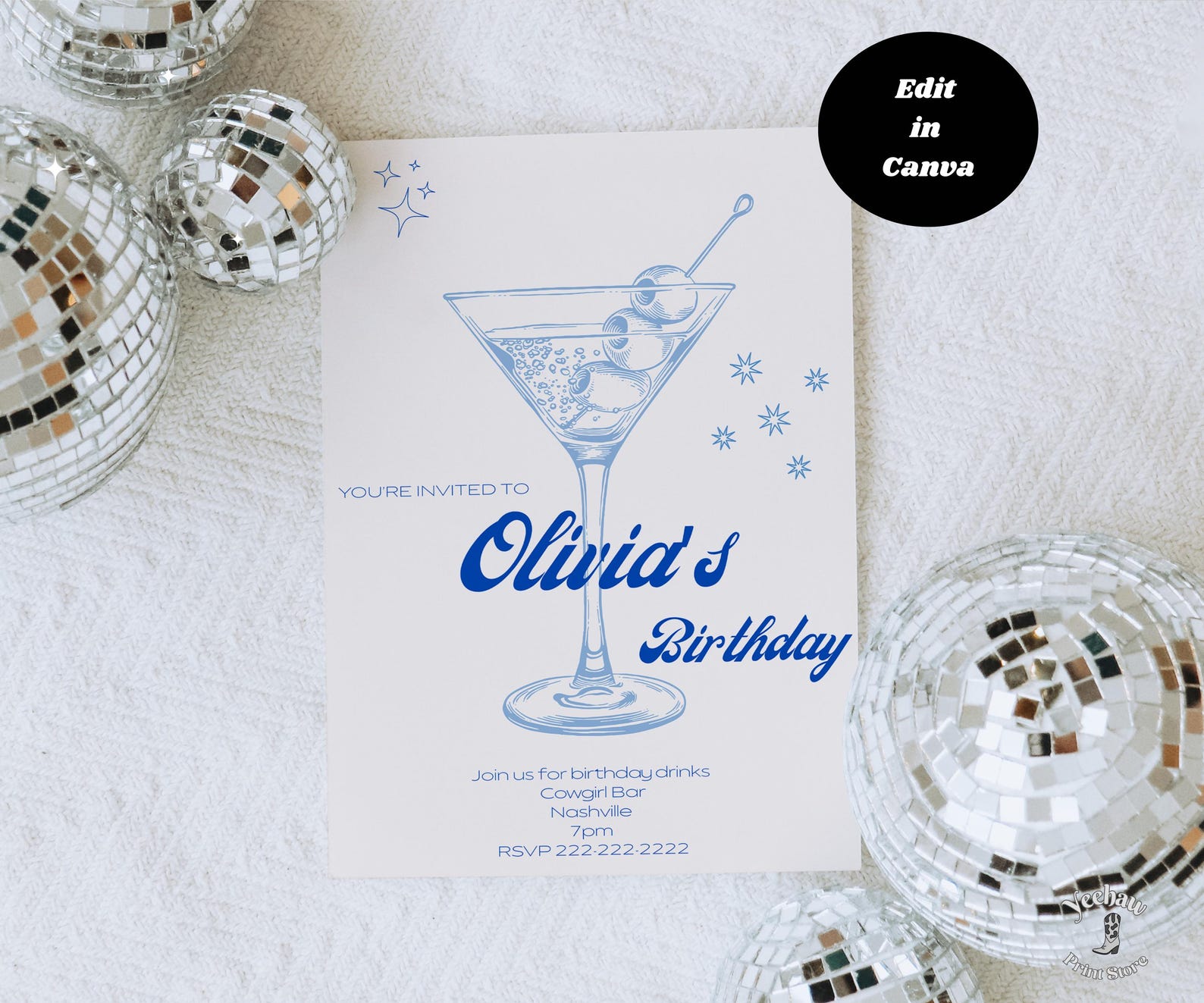 Retro Blue Cocktail Birthday Invitation | 30th 40th 21st Printable ...