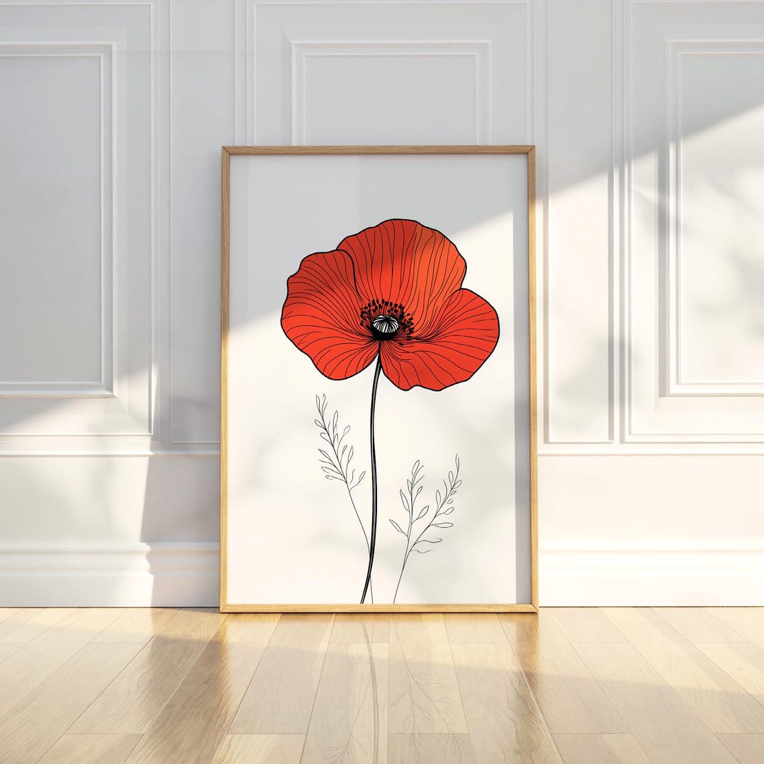 Minimalist Red Poppy Line Art Print: Abstract Floral Wall Decor ...