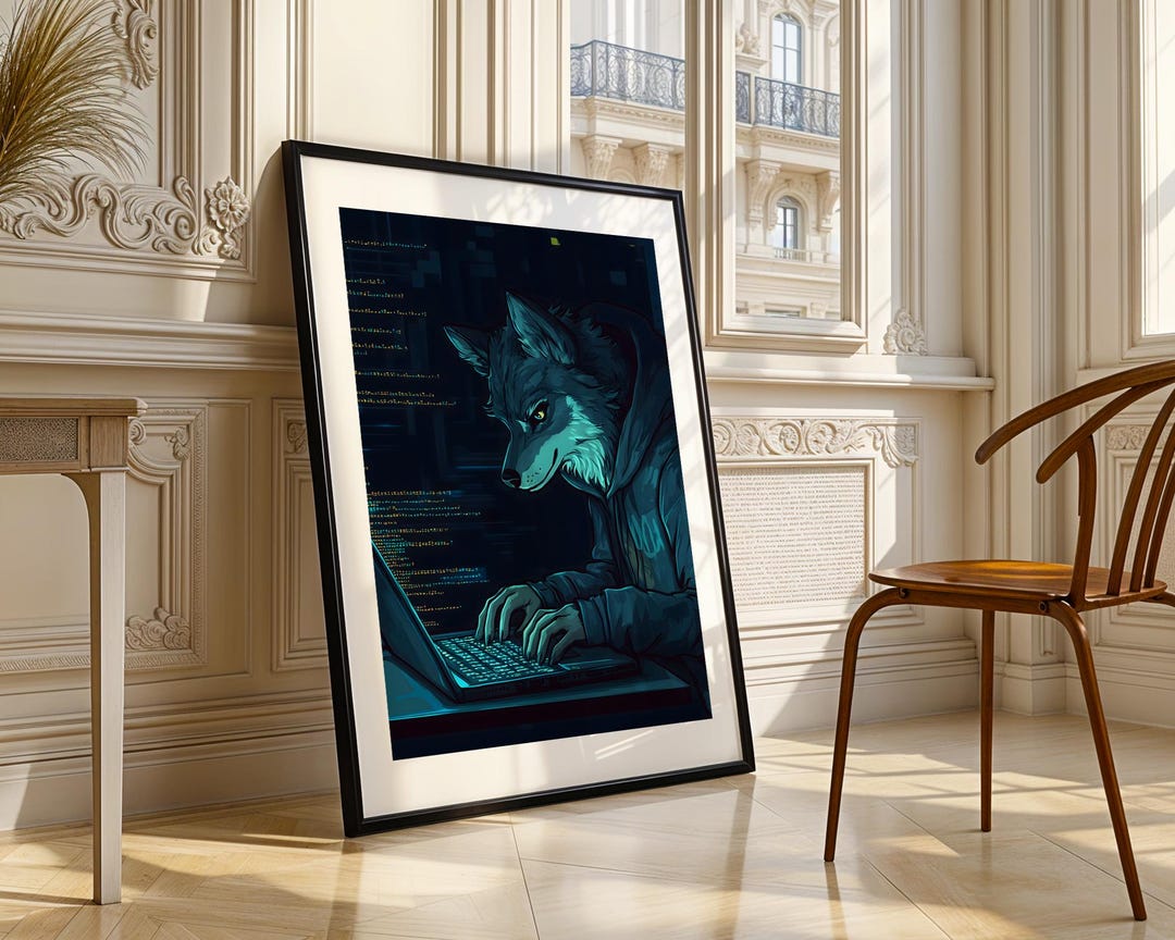 Cyber Wolf Hacker Coding Laptop Tech Art Print Trendy Wall Art Room Decor Aesthetic Art Prints ...