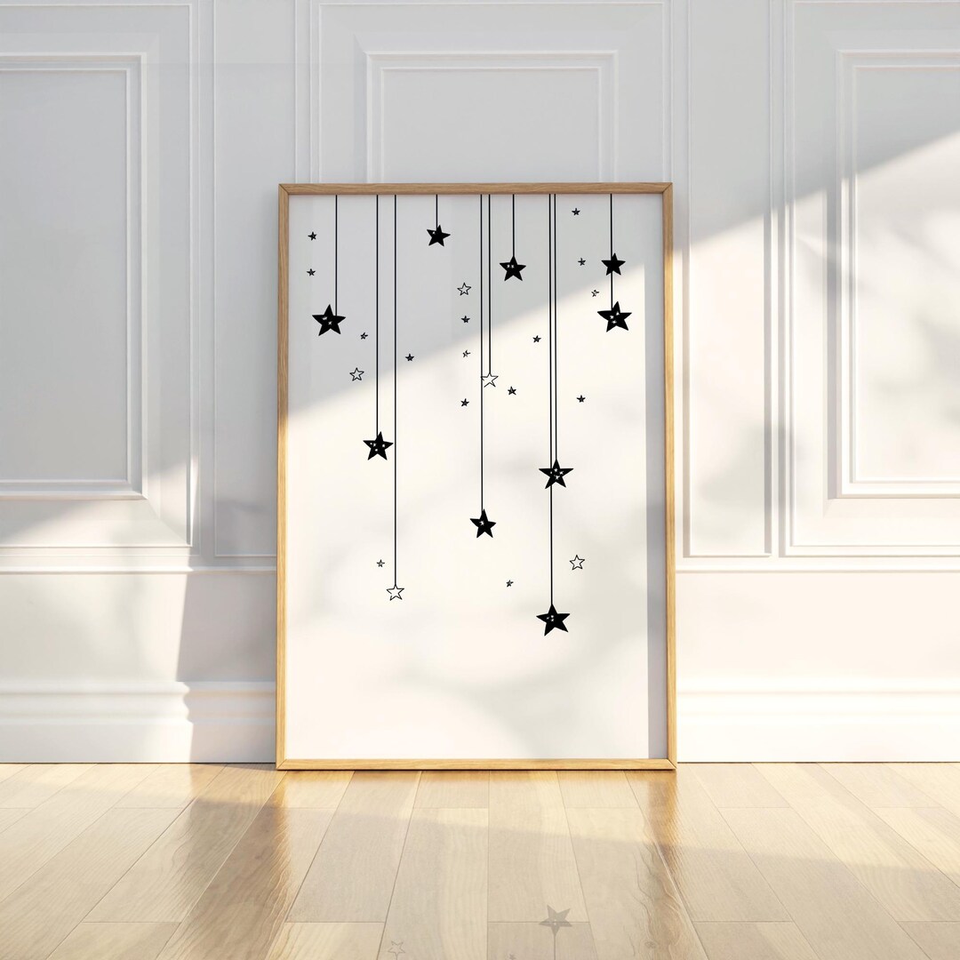 Minimalist Hanging Stars Line Art Sketch Wall Print Black White ...