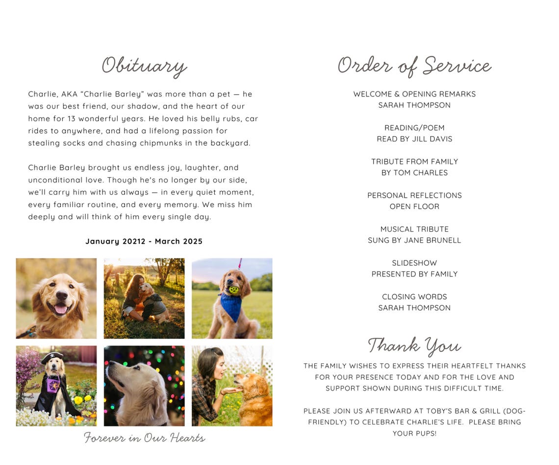 Dog Funeral Program Template – Editable Pet Memorial Booklet ...