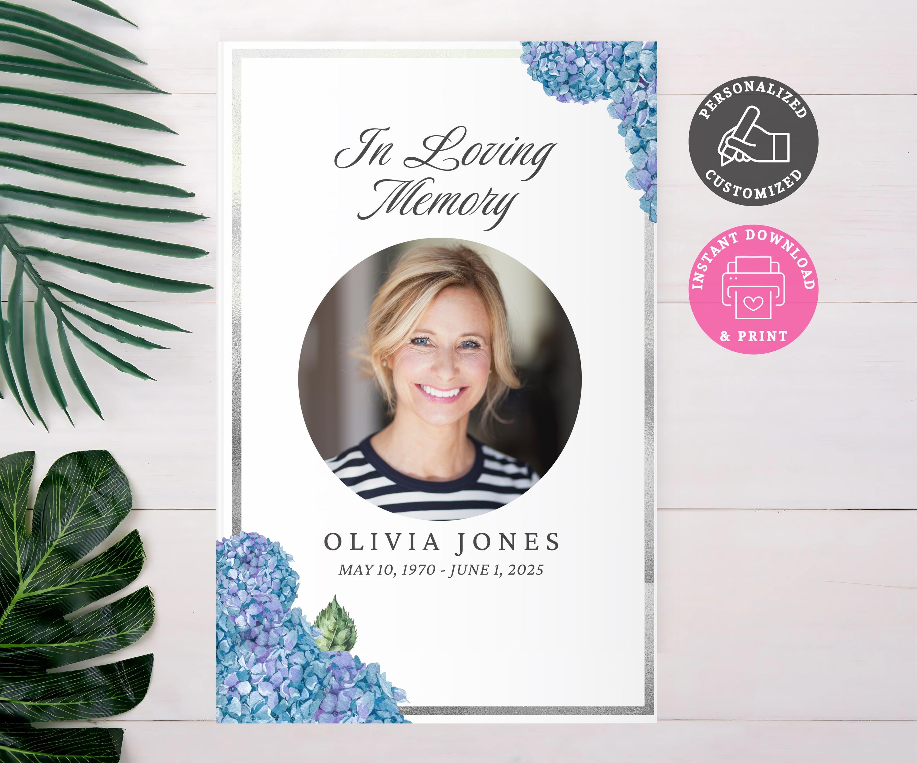 Hydrangea Funeral Program Template – Editable Bifold Memorial Pamphlet ...