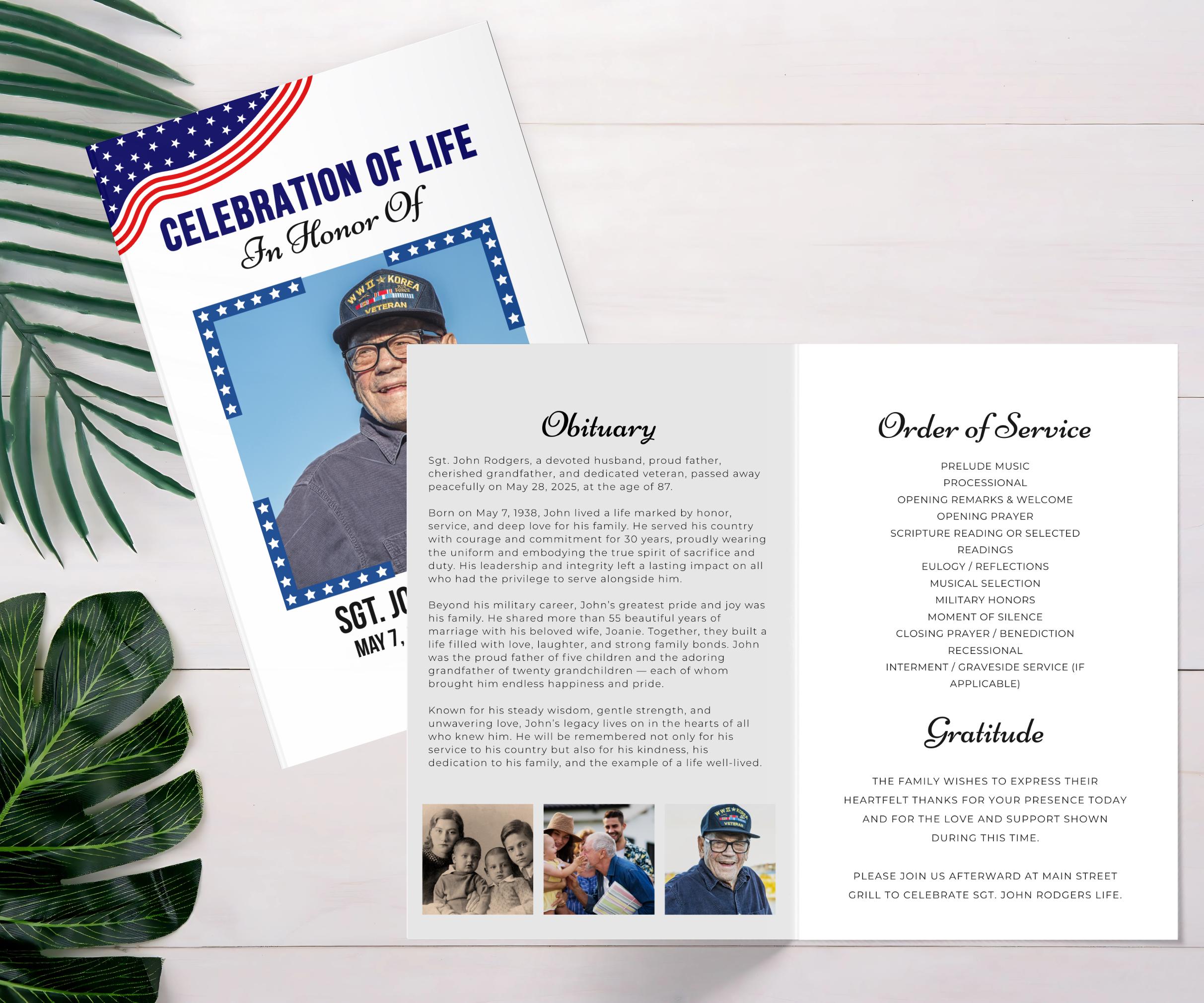 Military Funeral Program Template – Printable Veteran Memorial Pamphlet ...