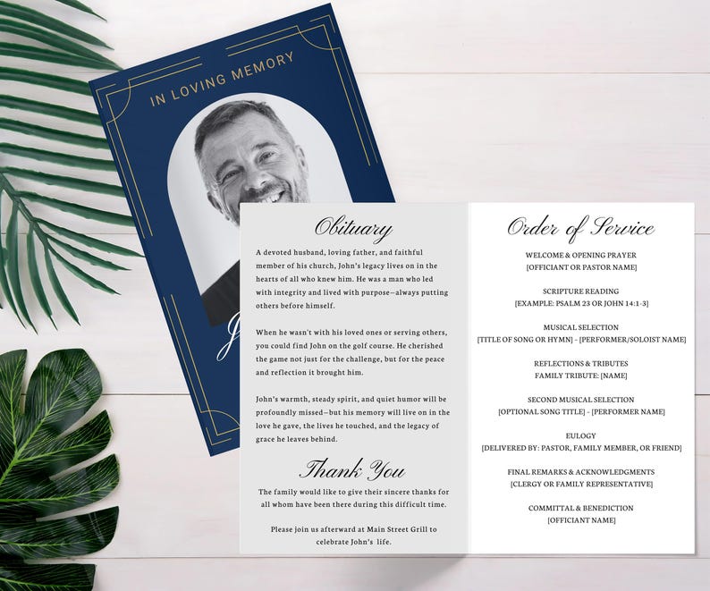 Funeral Program Template for a Man – Editable Male Memorial Booklet ...