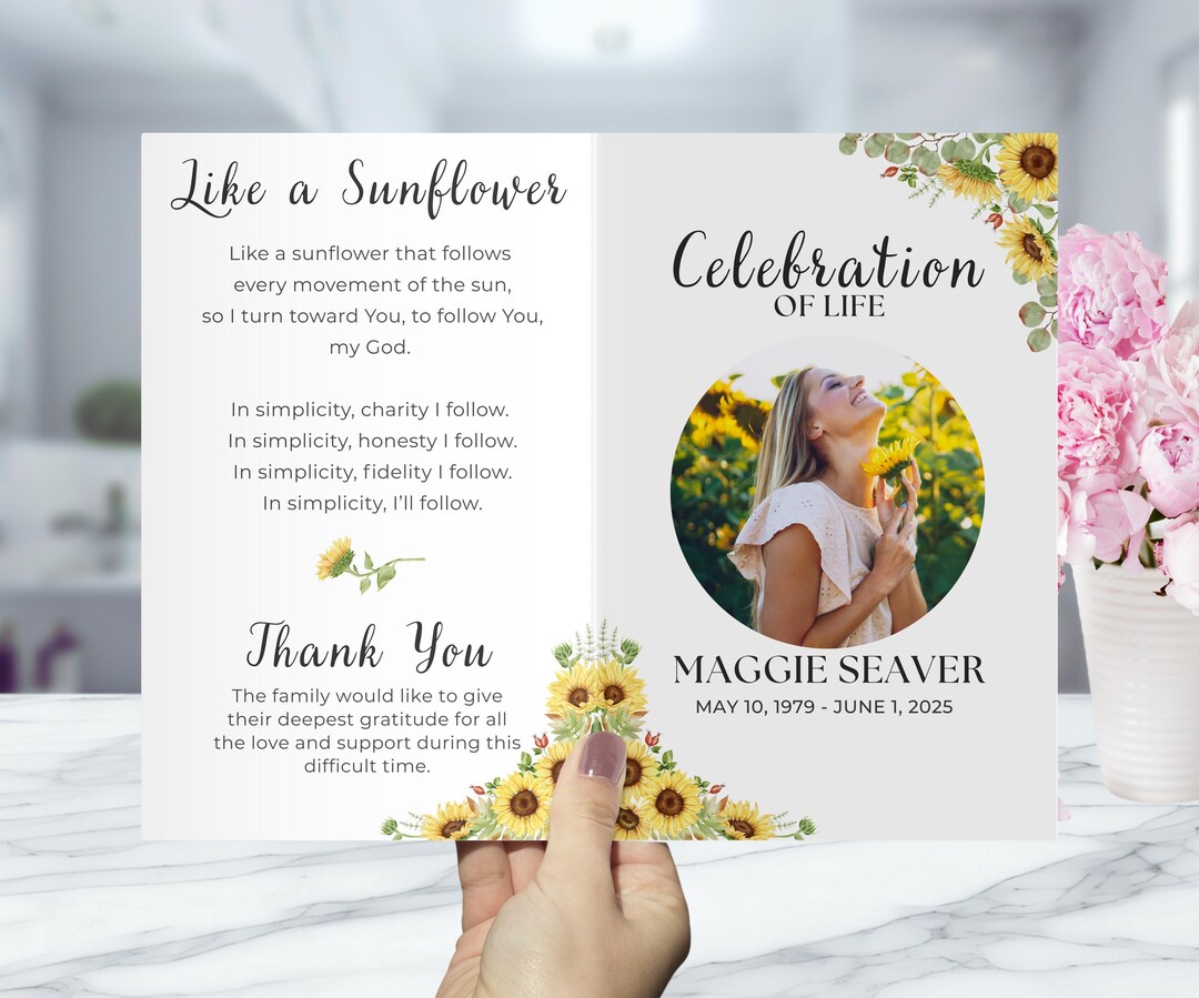 Sunflower Funeral Program Template – Editable Celebration of Life ...