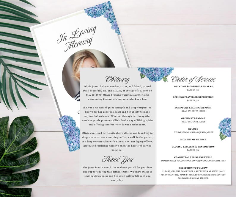 Hydrangea Funeral Program Template – Editable Bifold Memorial Pamphlet ...