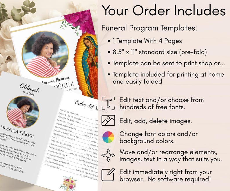 Virgen De Guadalupe Tarjeta Fúnebre En Español - Programa De Funeral ...
