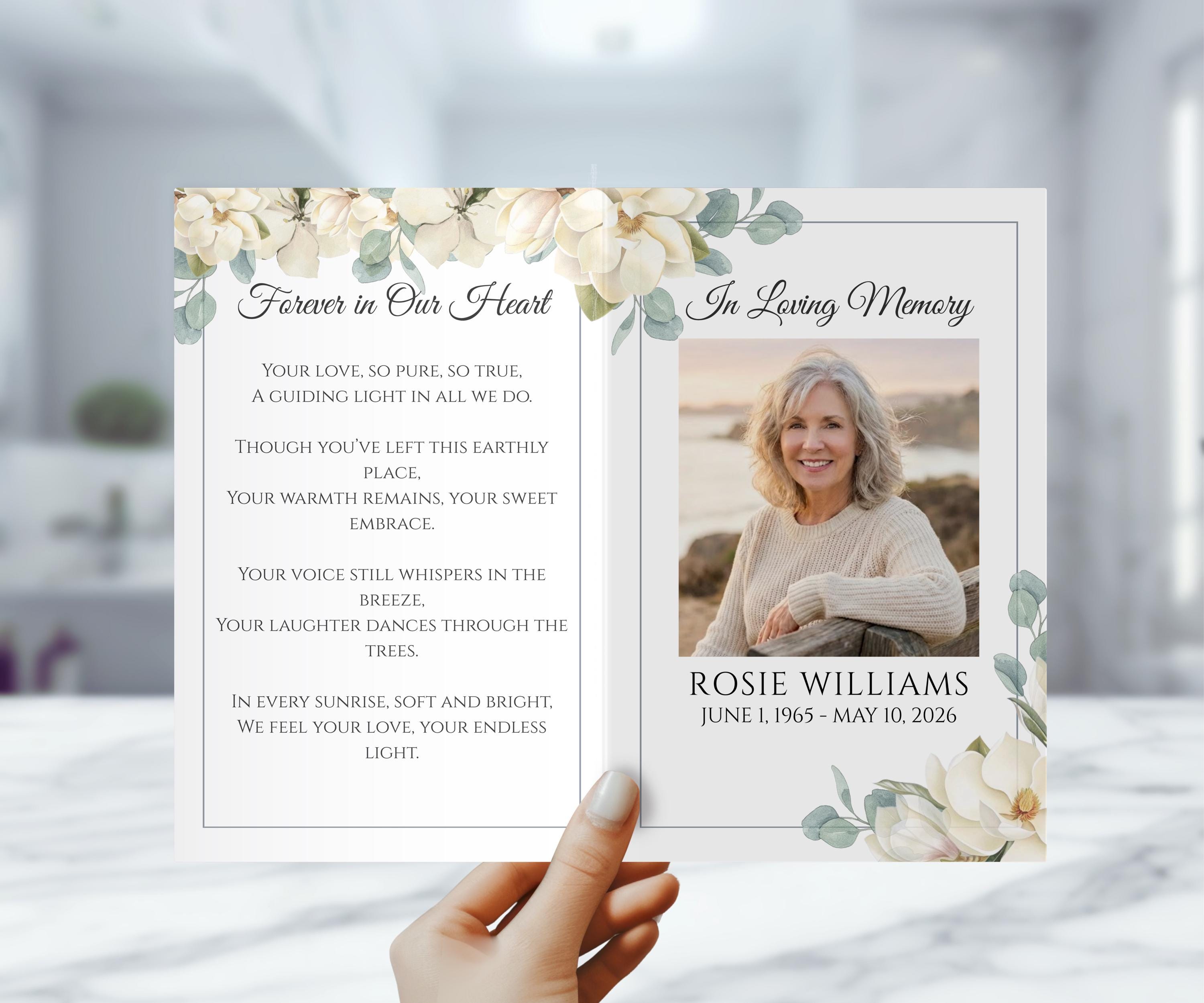 White Floral Funeral Program Template - Editable Watercolor Magnolia ...