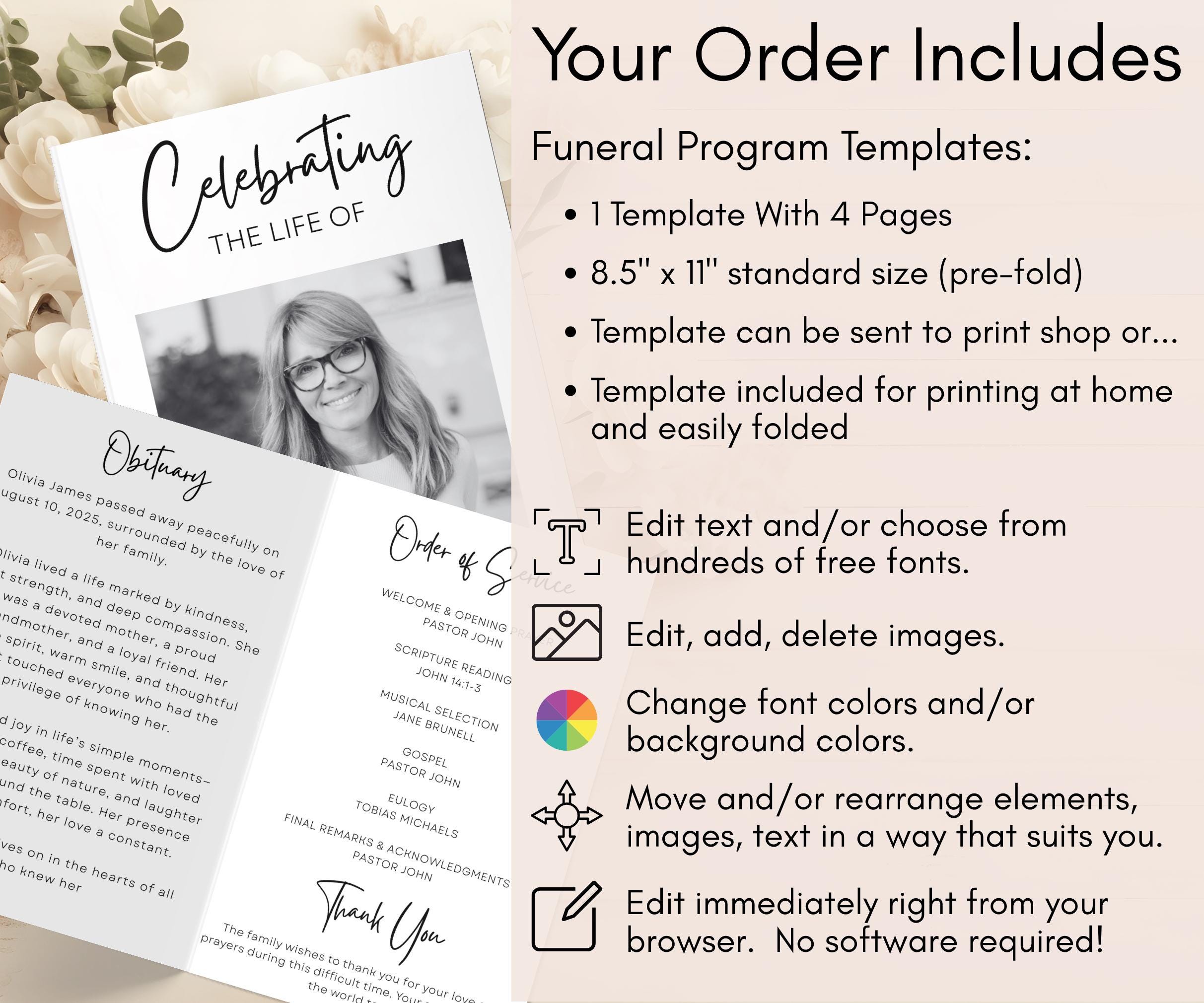 Obituary Template Program Canva, Minimalist Simple Funeral Program ...