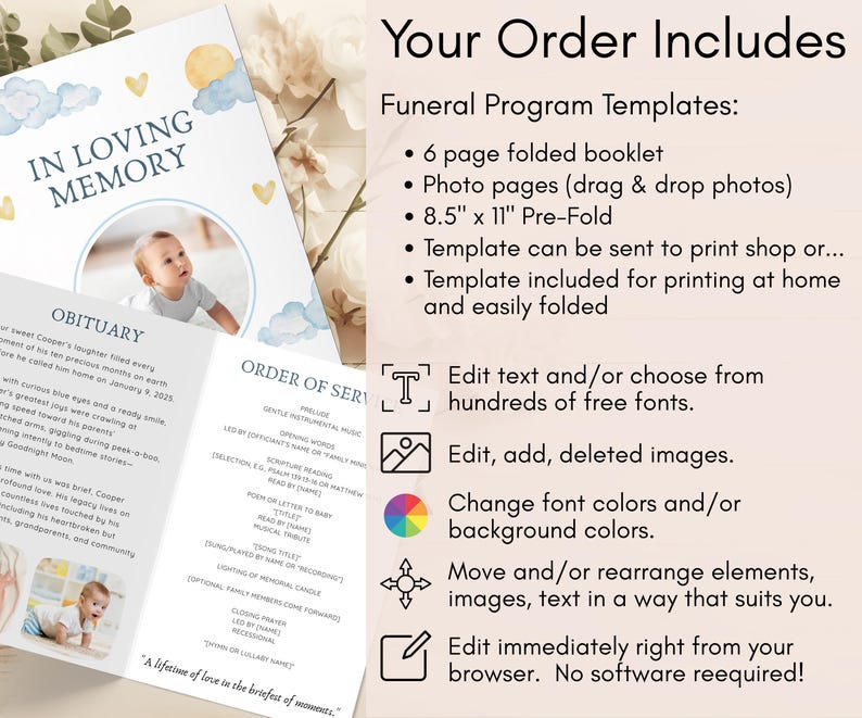 Baby Funeral Program Template – Editable Infant Memorial Booklet ...