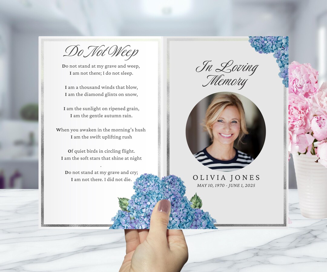 Hydrangea Funeral Program Template – Editable Bifold Memorial Pamphlet ...