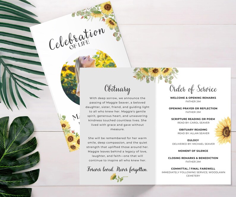 Sunflower Funeral Program Template – Editable Celebration of Life ...
