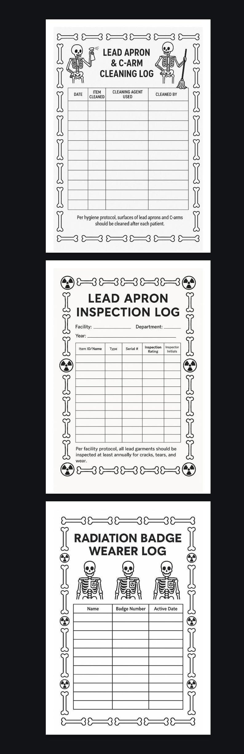 Printable Radiology Form Bundle – X-ray Check Logs for Lead Apron, C ...