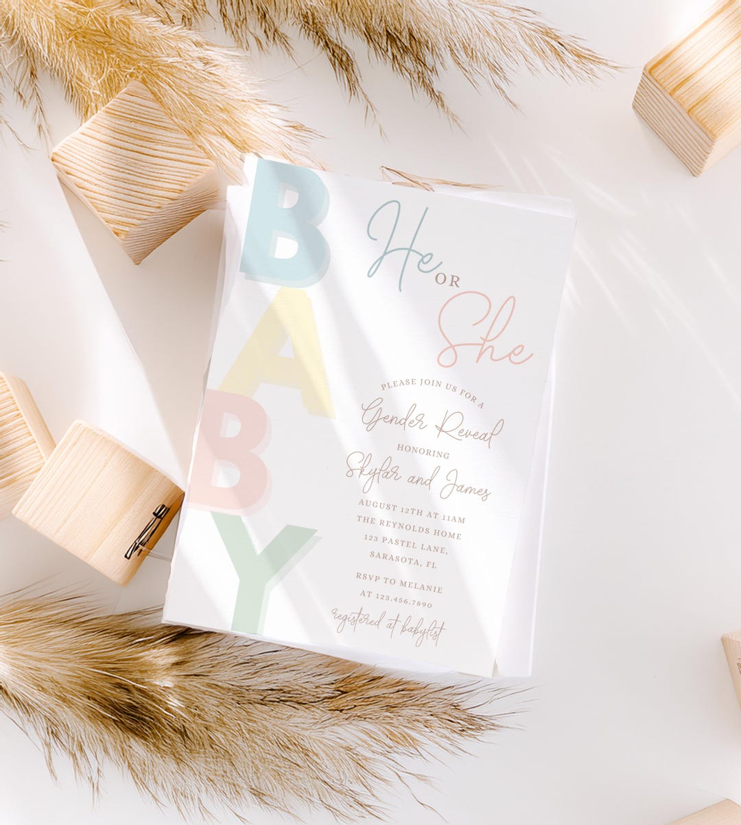 Boho Abcs Gender Reveal Invitation, Minimal Modern Baby Boy or Girl He ...