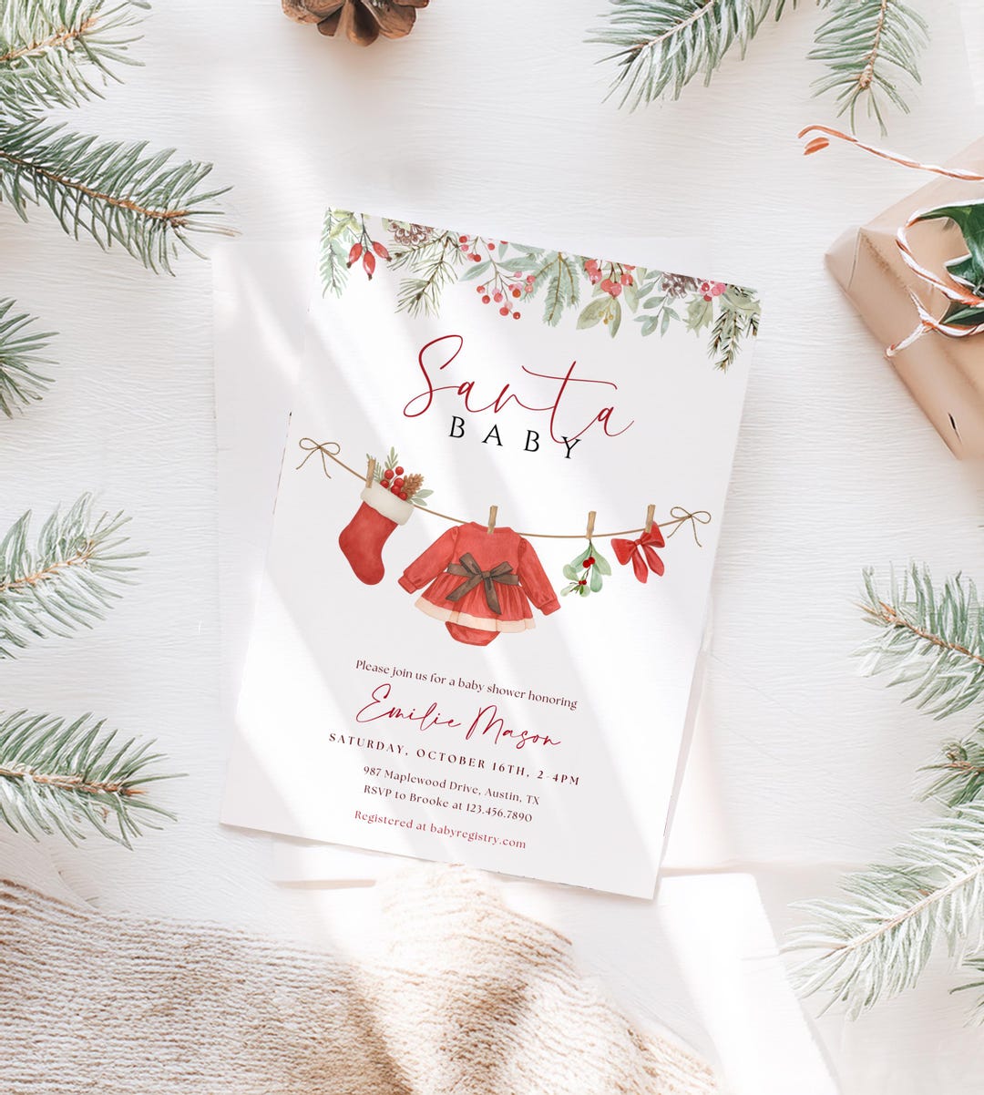 Santa Baby Shower Invitation, Girls Winter Christmas Holiday Baby ...