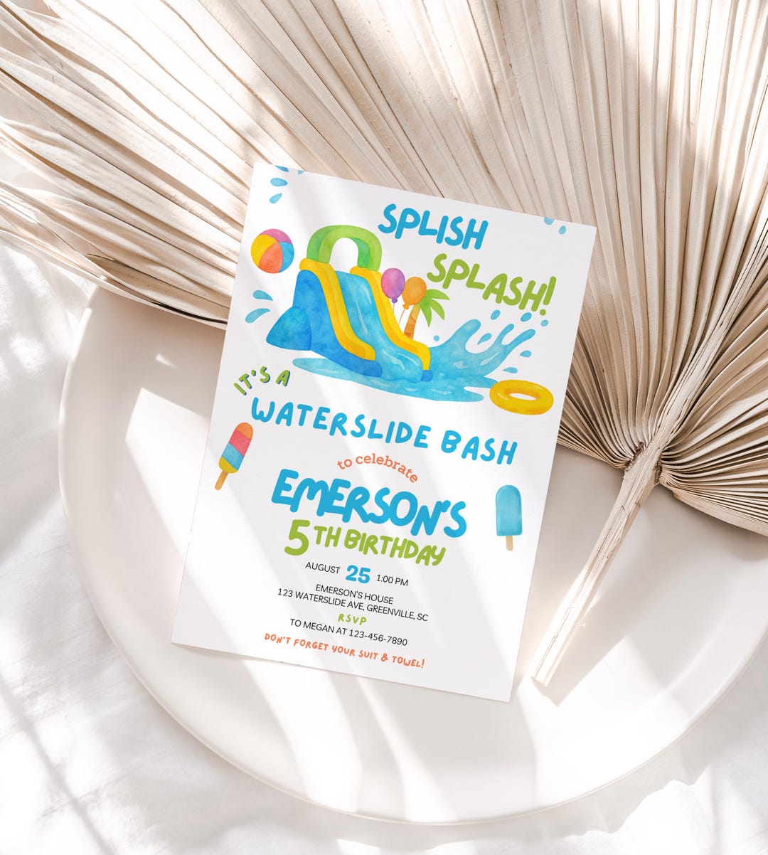 Waterslide Bash Splish Splash Pool Party Invite, Girl Boy Summer Beach ...