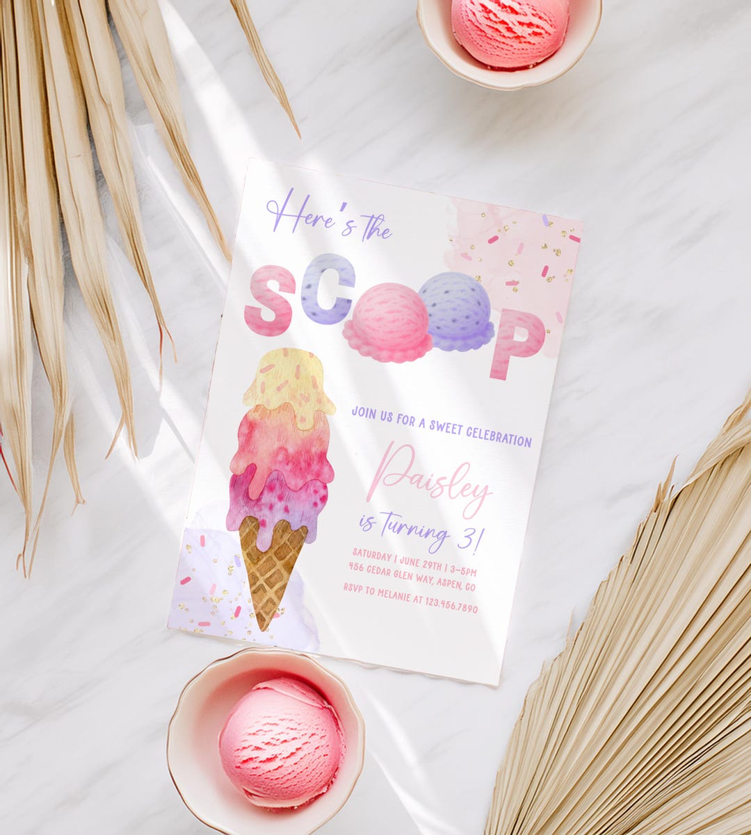 Scoops of Fun Birthday Invitation, Here's the Scoop, Pink Purple ...