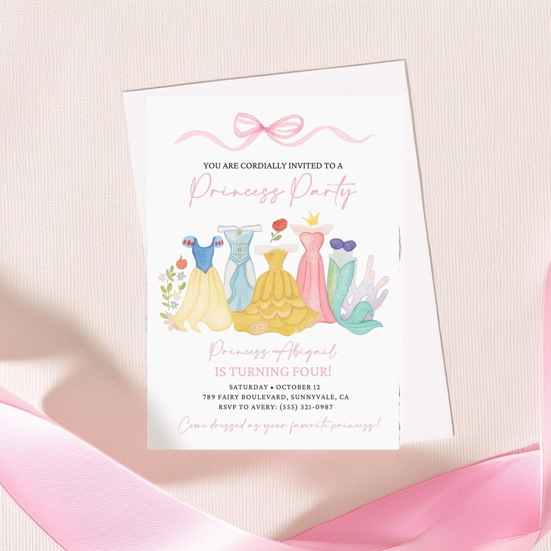 Watercolor Princess Birthday Invitation, Royal Pink Dress, Dress up ...