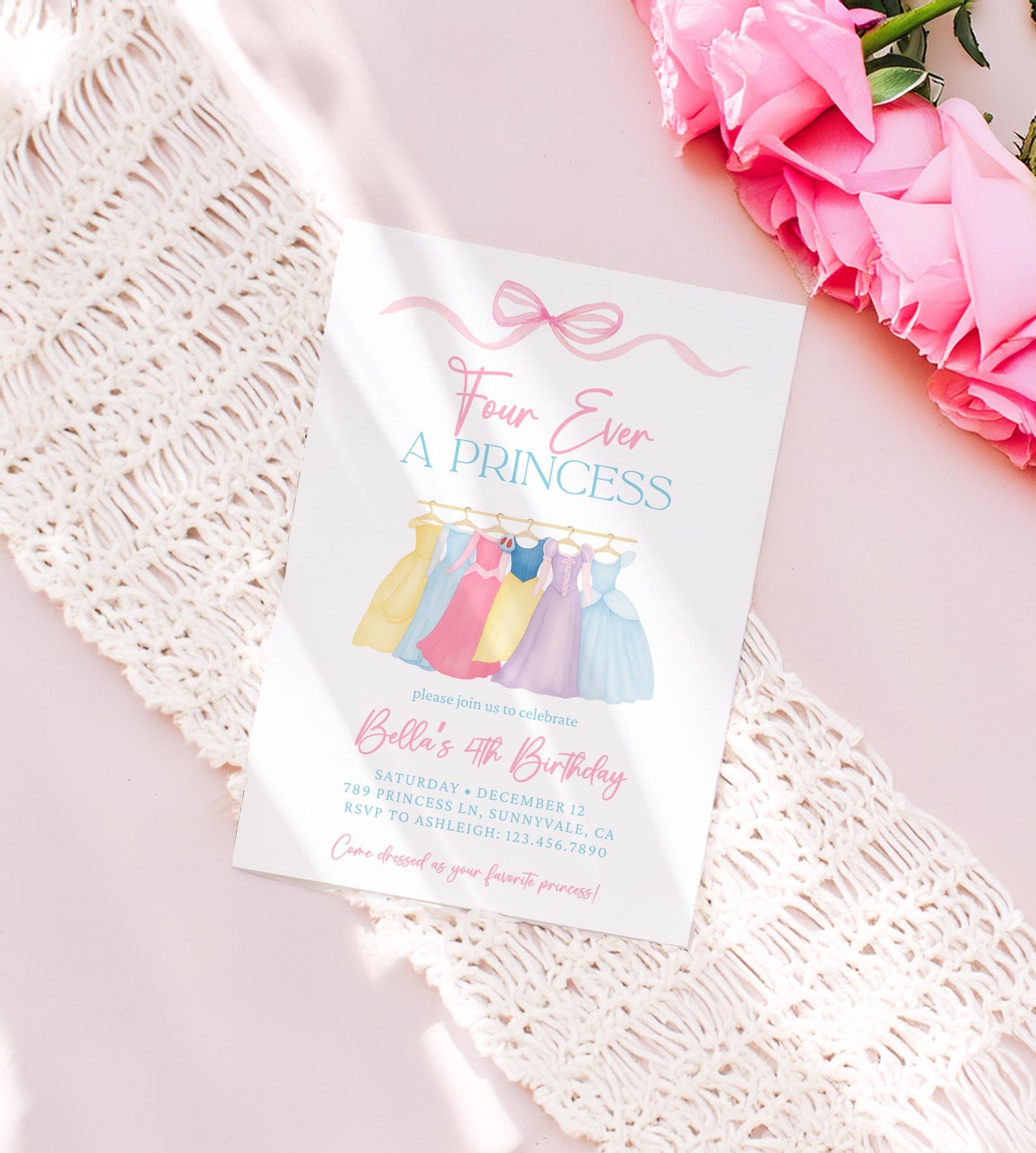 Four Ever a Princess Birthday Invitation, Royal Pink Dress, Dress up ...