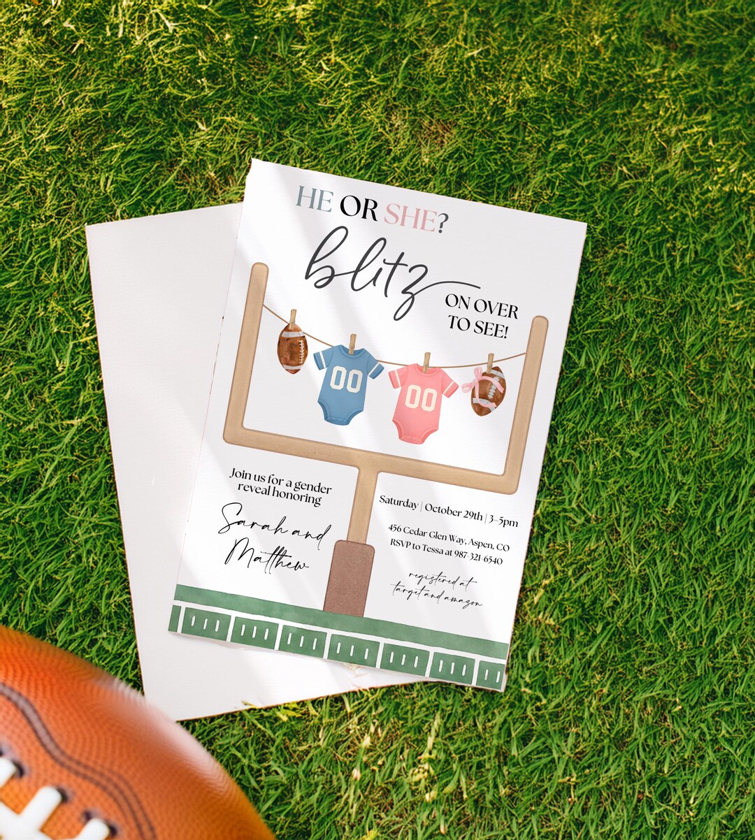 Football Gender Reveal Invite, Huddle up Kick-off Invitation Sports ...