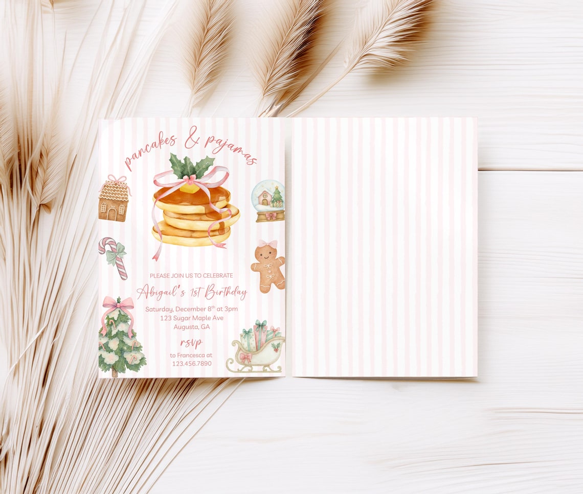 Christmas Pancake and Pajamas Party Invite, Pink Bows Brunch Vintage ...