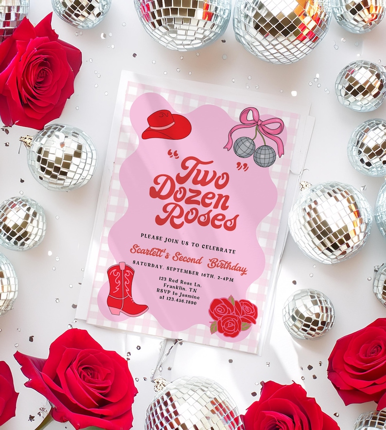 Two Dozen Roses 2nd Birthday Invitation, Pink Floral Western Theme ...