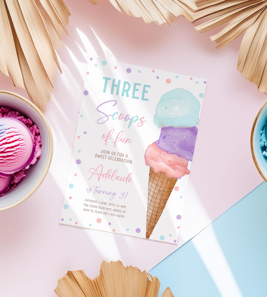 Three Scoops of Fun 3rd Birthday Invitation, Here's the Scoop, Pink ...