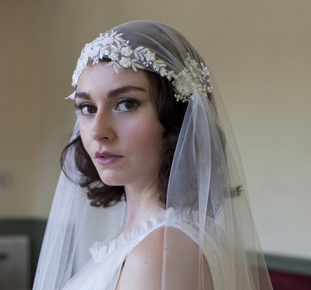 Dramatic Juliet Cap Veil With Beaded Floral Lace ,kate Moss Style Veil ...