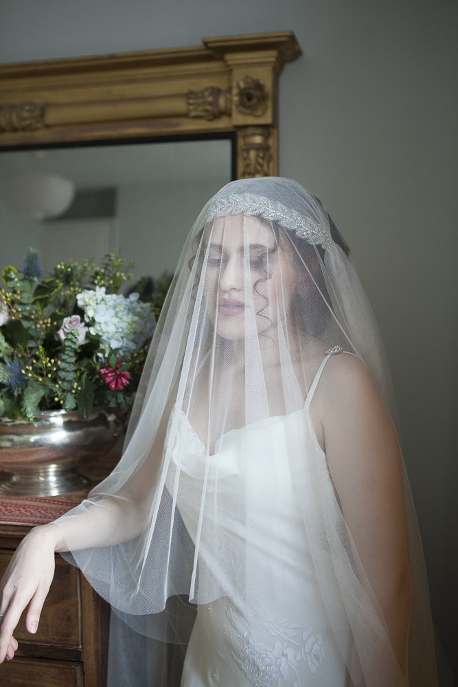 Juliet Cap Veil With a Blusher and Beaded Leaves in Ivory, White or ...