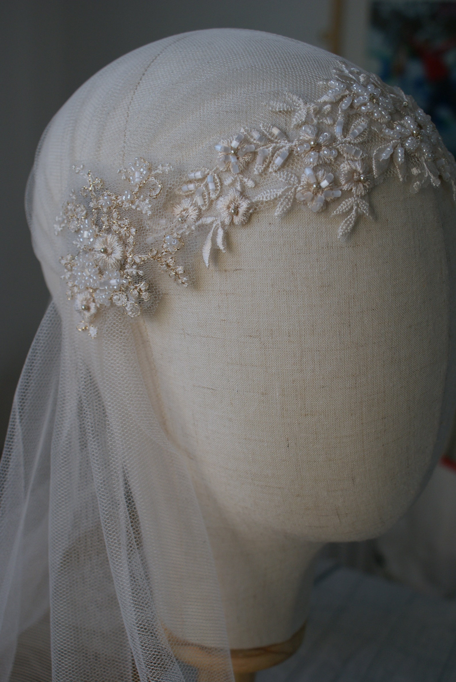 Dramatic Juliet Cap Veil With Beaded Floral Lace kate Moss - Etsy