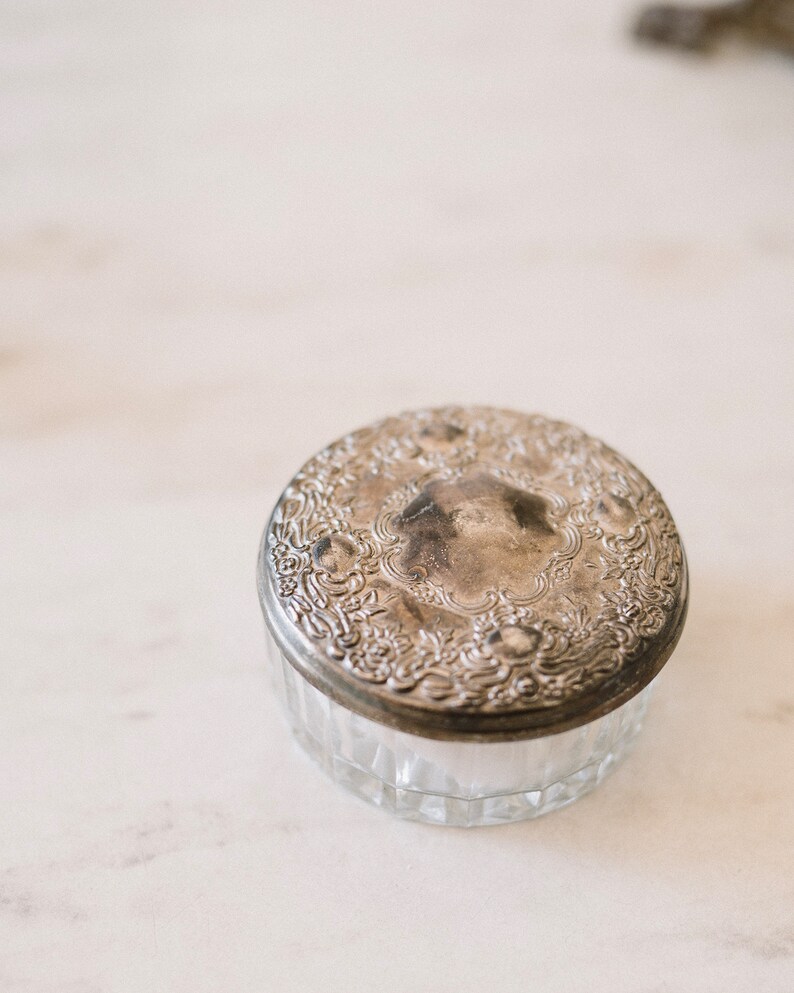 Vintage glass powder box silver plated lid jewelry storage | Etsy