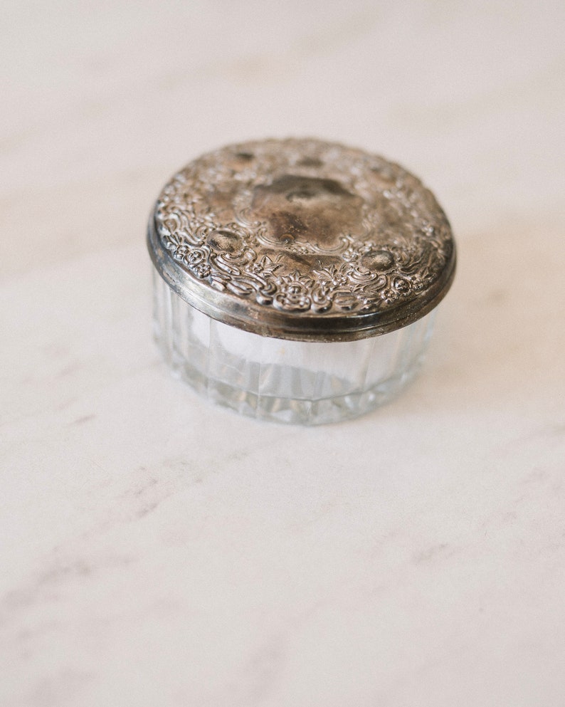 Vintage glass powder box silver plated lid jewelry storage | Etsy