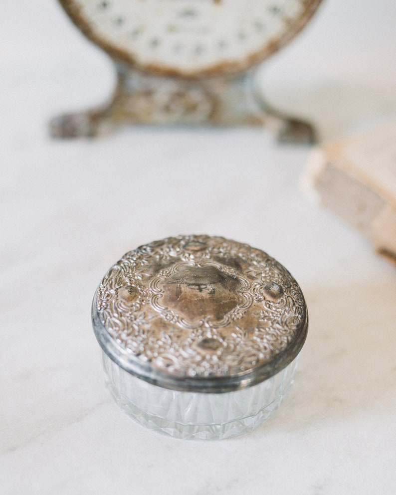 Vintage glass powder box silver plated lid jewelry storage | Etsy