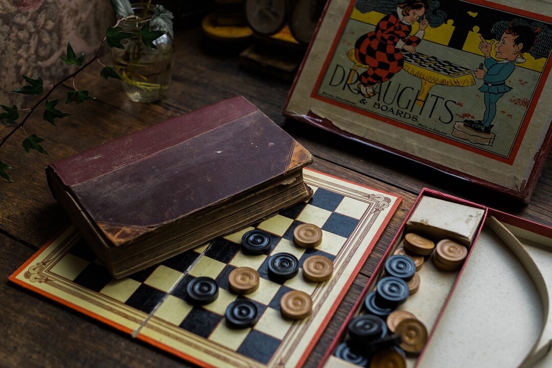 Rare Set of 2 Antique Draughts Book and Original Wood Draughts Game Box ...