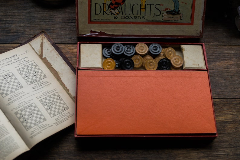 Rare Set of 2 Antique Draughts Book and Original Wood Draughts Game Box ...