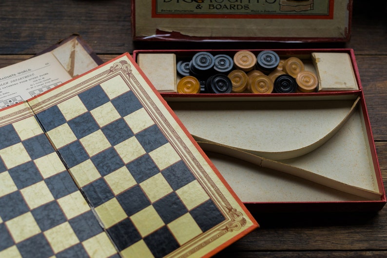Rare Set of 2 Antique Draughts Book and Original Wood Draughts Game Box ...