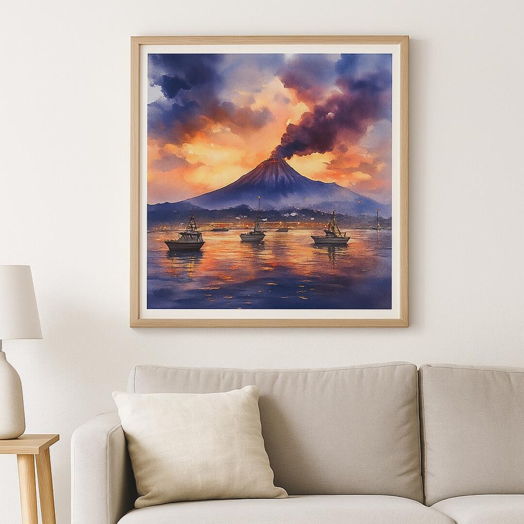 Sakurajima Volcano at Sunset – Japanese Island Watercolor Art Print ...