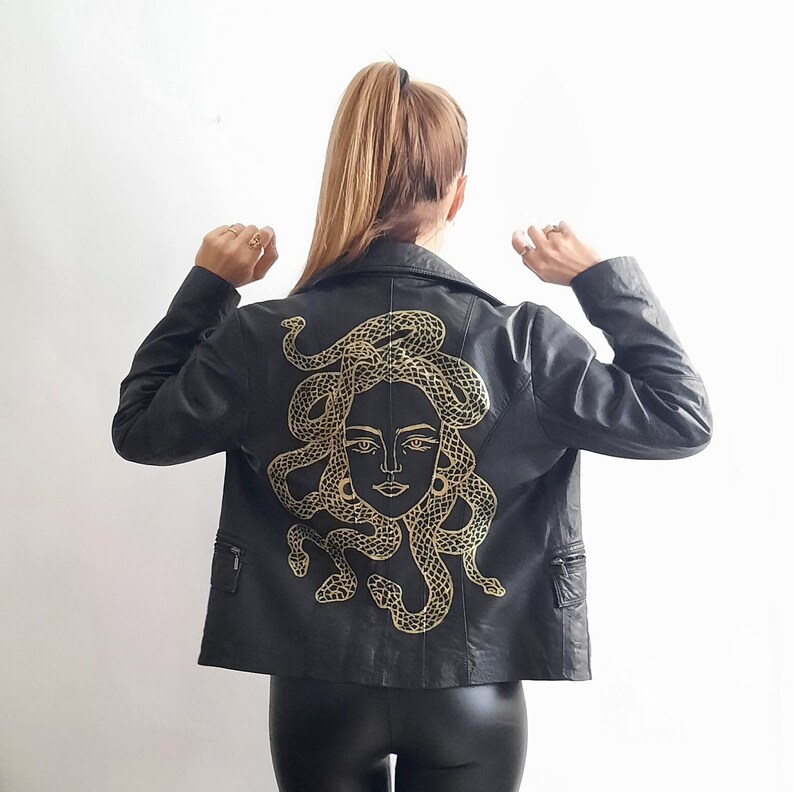 Golden Medusa Painted Jacket // Custom Leather Jacket / Vintage Gold ...