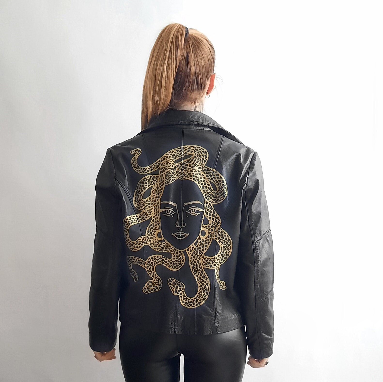 Golden Medusa Painted Jacket // Custom Leather Jacket / Vintage Gold ...