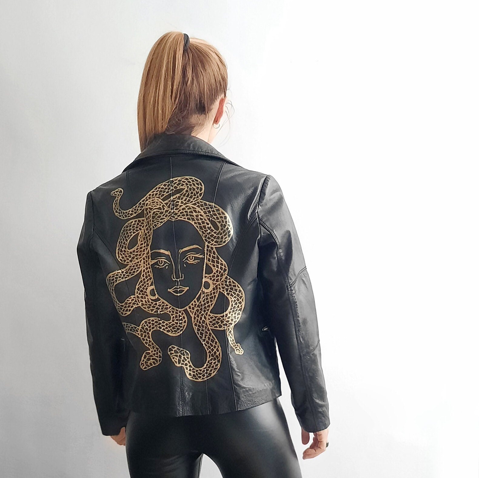Golden Medusa Painted Jacket // Custom Leather Jacket / Vintage Gold ...