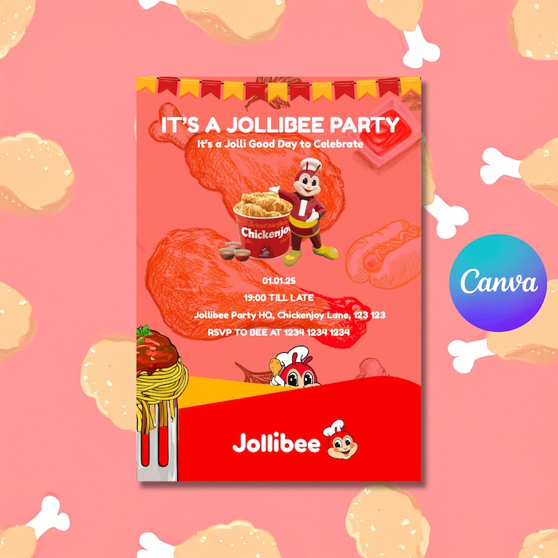 Jollibee Birthday Party Invitation: Editable Canva Template (digital ...