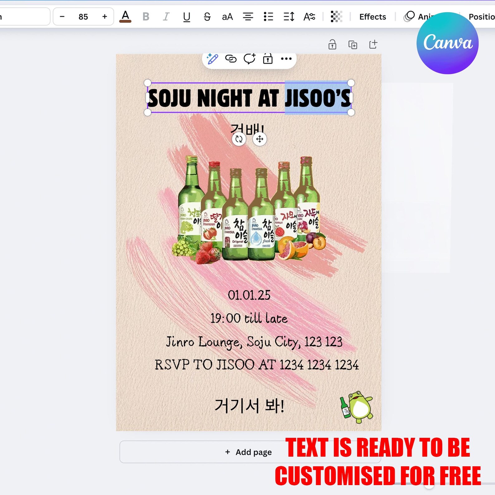 Korean Soju Party Invite: Editable Canva Template (digital Download) - Etsy
