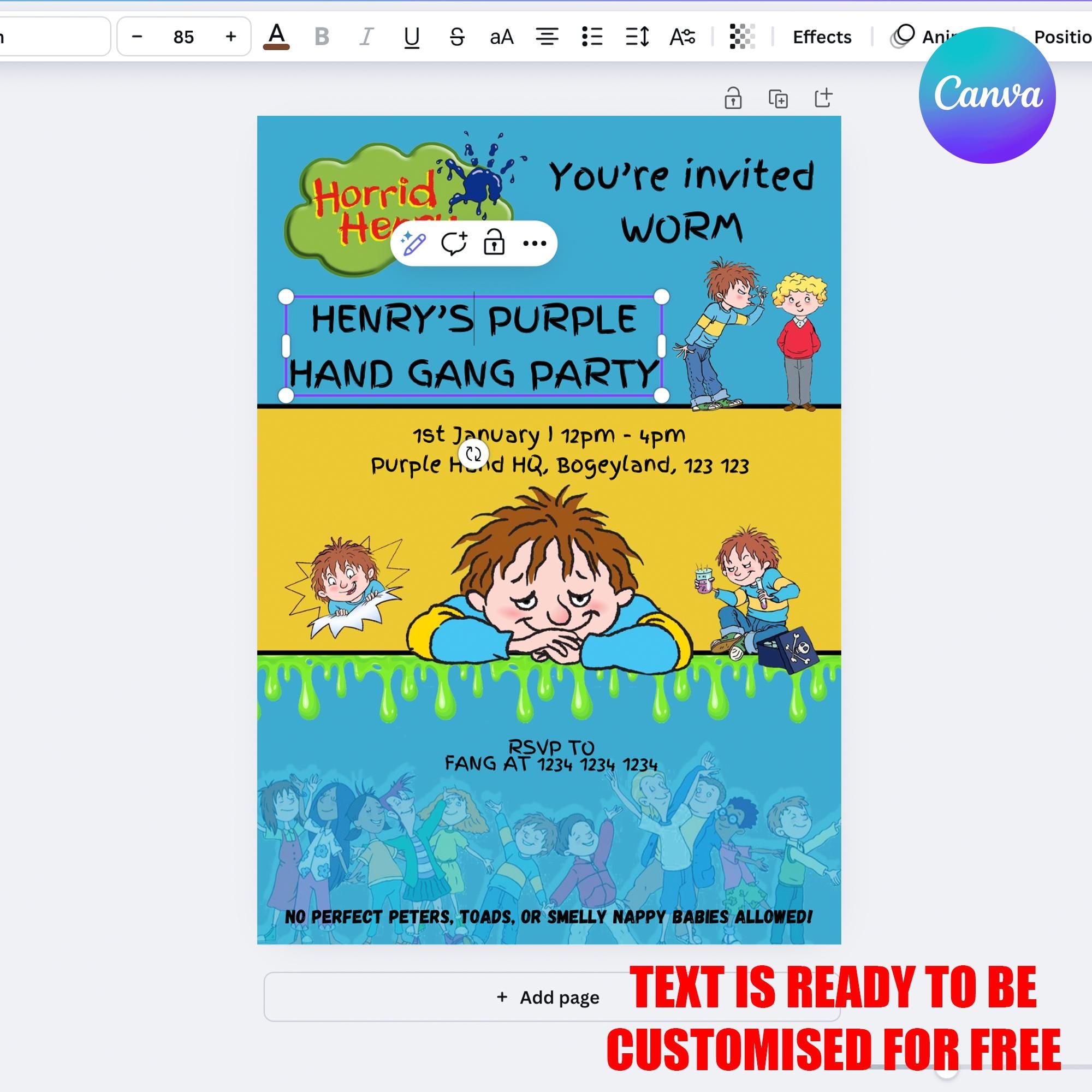 Horrid Henry Party Invitation Template | Editable Canva Invite ...