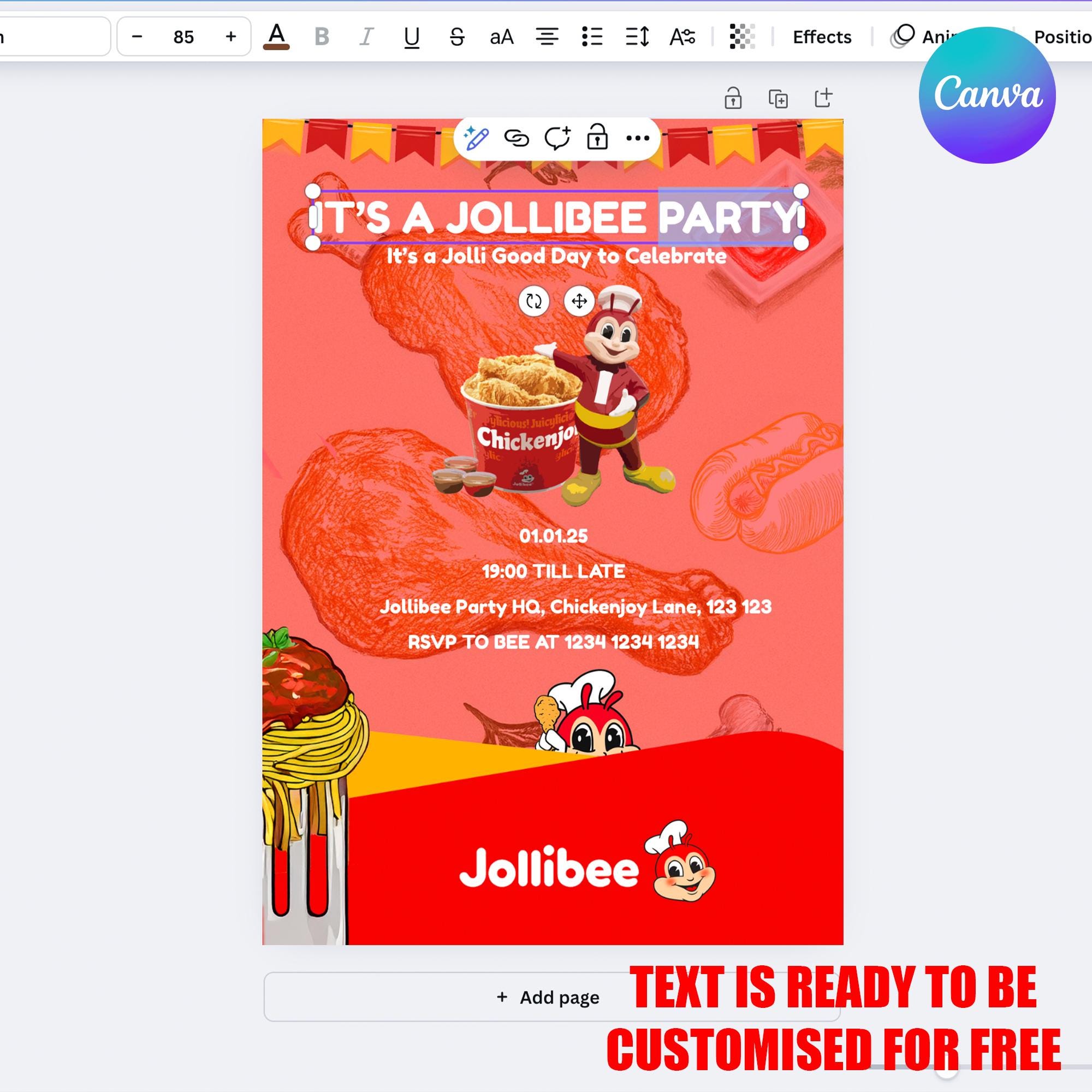 Jollibee Birthday Party Invitation: Editable Canva Template (digital ...