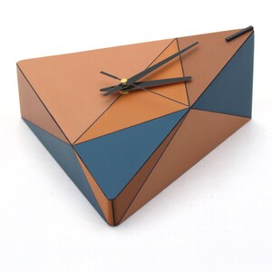 Geometric Wood Wall Clock, Triangle Brown Blue Orange Clock, Unique ...